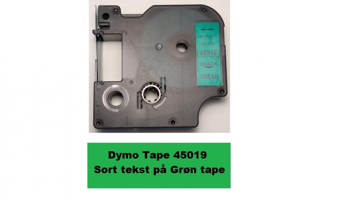 Dymo Tape D1 45019 i 12mm x 7m med Sort tekst på Grøn tape.